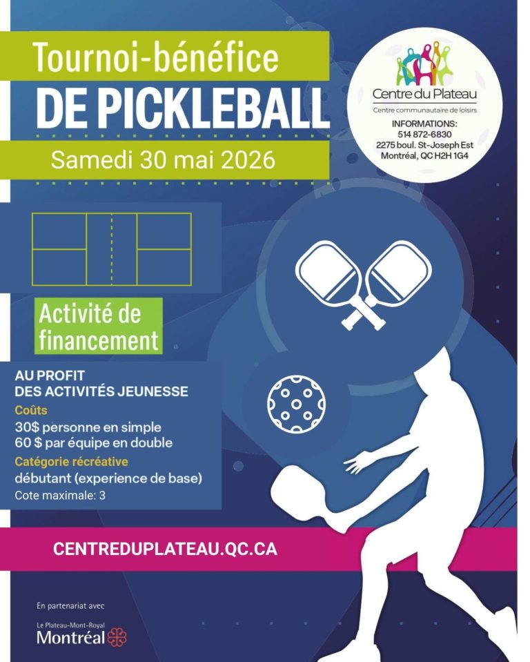 Tournoi-bénéfice de pickleball! - Centre du Plateau